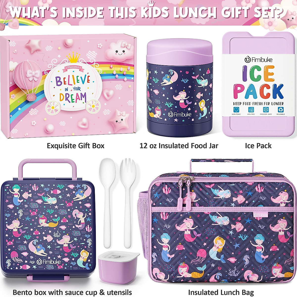 Fimibuke Kids Bento Snack Lunch Box with 4 Compartment, Insulated lunch Bag, Stainless Steel Vacuum Thermos Food Jar, Ice Pack, Utensils Set, Birthday Gift for Age 3-12 Back to School Toddler Girl Boy