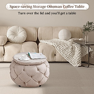 HAIZAO Round Burlap Storage Ottoman, Button Tufted Side Table with Lid, Coffee Table End Table Soft Chair Footrest Footstool for Living Room, Bedroom (Beige)