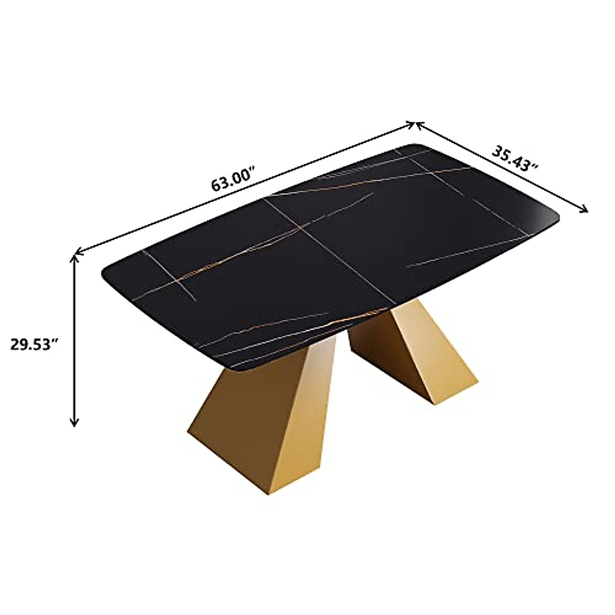 Modern Kitchen Dining Table, 63" Rectangular Sintered Stone Tabletop Dining Table with Gold Carbon Steel Table Legs, Kitchen Table Dining Room Table for Dining Room Living Room, Black(Without Chairs)
