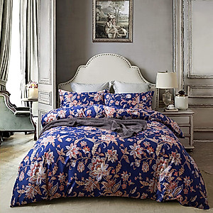Eikei Home Luxury Jacobean Floral Garden 3 Piece Duvet Cover Set Beige Blue English Vintage Floral Pattern 100-percent Cotton (Queen)