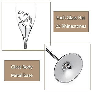 Wedding Champagne Glass Set Silver Toasting Flute Glasses Pack of 2 with Rhinestone Rimmed Hearts Decoration for Wedding, Anniversary and Special Occasions