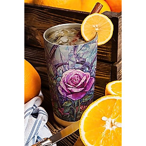 ORCAE 20oz Colorful Rose Flower, Crystal Stained Glass Style Flowers, Pink Purple Rose Tumbler Cup, Insulated Travel Mug with Lid, Coffee Thermos for Women, Gifts for Women - M