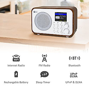 Ocean Digital WR-336F Wi-Fi Internet FM Radio Portable with 4 Preset Keys Rechargeable Battery Bluetooth Receiver Stress Relief Relaxation Music Channels White