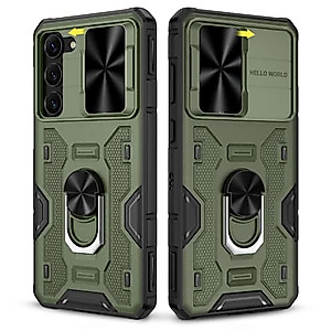 Caka for Samsung Galaxy S23 Case, S23 Case with Slide Camera Cover & Kickstand with Built-in 360° Rotate Ring Stand Magnetic Protective Case for Galaxy S23 5G- Green