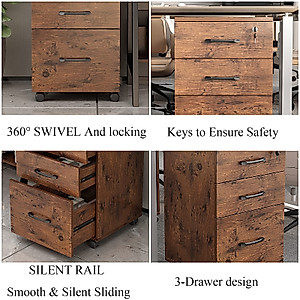 YQ JENMW 3 Drawers File Cabinet, Rolling Mobile Vertical Filing Cabinet with Lock, Wood Under Desk File Cabinet with Wheels for Supplies Files, and Materials,Mobile File Cabinet for Home Office,Brown