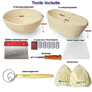 TNTECO Banneton Bread Proofing Basket Set of 2, 9 Inch Round & 10 Inch Oval Rattan Sourdough Proofing Basket with 5 Bread Lame, Scoring Lame, Scraper, Dough Whisk, Cloth Liner