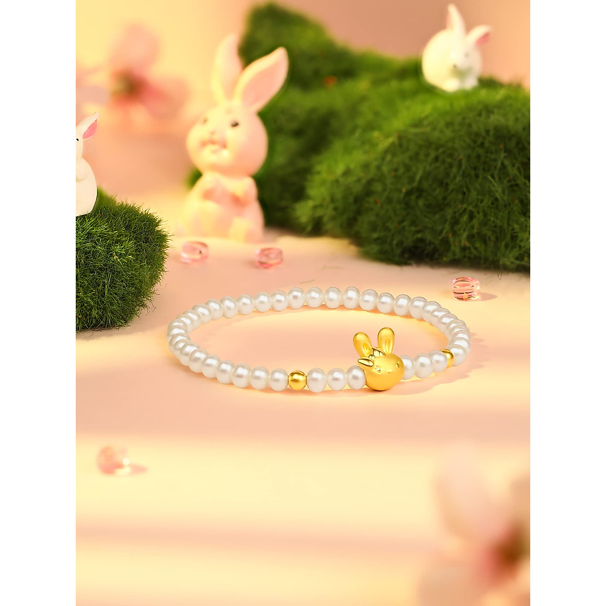 ZHOU LIU FU 24K Solid Gold Bracelets for Women, Stretchable Real Gold Rabbit Freshwater Pearl Bangle Charm Bracelets, Pure Gold White Pearls Bunny Bracelet