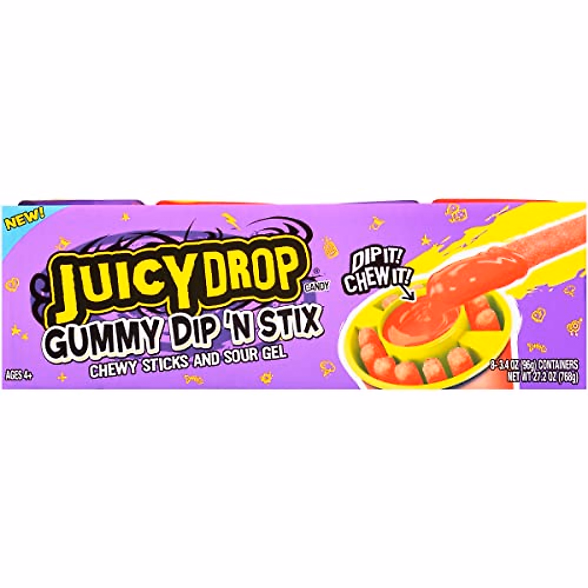 Juicy Drop Dip ‘N Stix Halloween Sweet & Sour Candy Variety Pack - 8 Count Sweet Candy & Sour Gel In Assorted Fruity Flavors - Fun Gummy Candy For Halloween Candy Bowls, Parties & Trick Or Treating