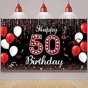 50th Birthday Decoration Backdrop Banner, Happy 50th Birthday Decorations for Women, Red Black white 50 Years Old Birthday Party Photo Booth Props, 50 Birthday Sign for Outdoor Indoor, Fabric Vicycaty