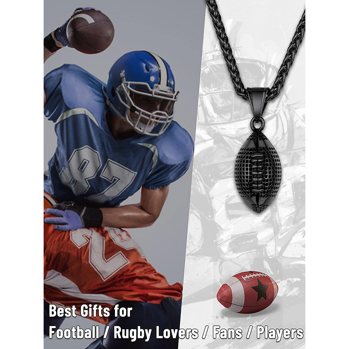 Football Necklace for Men Athlete, Mens Vintage Black Rugby Chain Titanium Steel Footballs Ball Pendant Necklaces Punk Rock Sprots Jewelry for Players