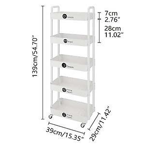 UDEAR 5-Tier Rolling Utility Cart with 12 Category Labels,Multifunctional Storage Shelves with Handle and Lockable Wheels for Room,Office,Kitchen,Bathroom,White