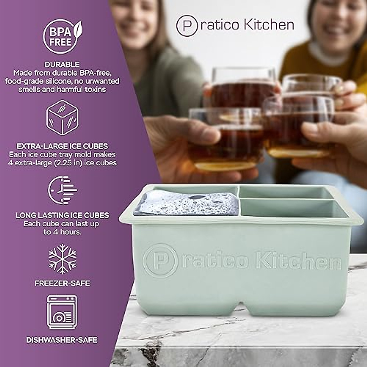 Pratico Kitchen Large Ice Tray, 4 Big 2.25 inch Ice Cubes for Whiskey and Cocktails, 2 Pack