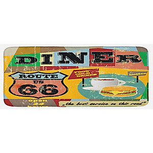Lunarable Route 66 Kitchen Mat, Nostalgic Diner Signboard Grunge Toned Food Drink Coffee Burger Illustration, Plush Decorative Kitchen Mat with Non Slip Backing, 47" X 19", Multicolor