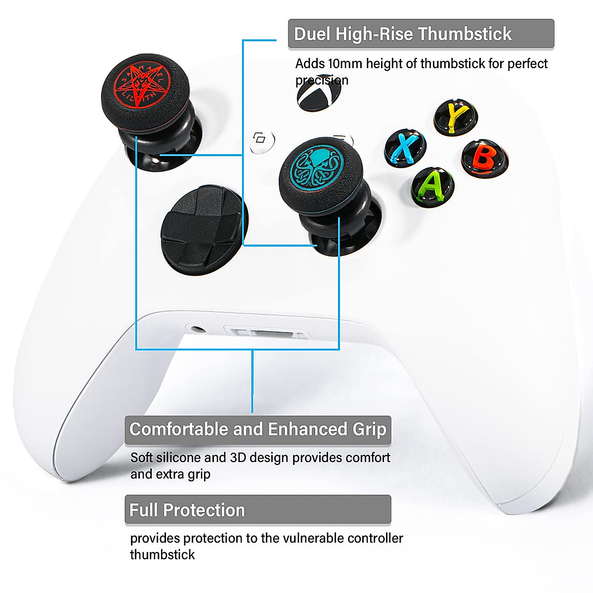 Playrealm FPS Thumbstick Extender x 2 & Printing Rubber Silicone Grip Cover x 4 for Xbox Series X/S & Xbox One Controller(Cthulhu Abyss Blue&Demon Circle)