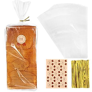 65 Pcs Bread Bags for Homemade Bread, 8"x 18" Clear Plastic Bread Bags with 100 Ties 75 Stickers Reusable Bread Storage for Home Bakery Christmas Gift Wrap