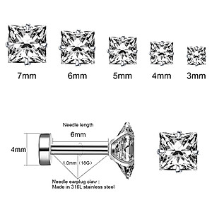Cubic Zirconia Stud Earrings Princess Cut Square CZ Hypoallergenic 316L Surgical Steel Helix Earrings for Women Men 5 Pairs (C)