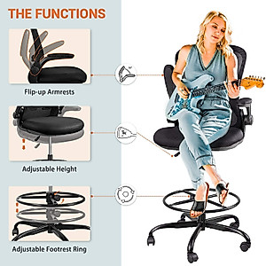Devoko Drafting Tall Flip-up Armrests Office Desk Ergonomic Mesh Chair Lumbar Support with Adjustable Height, Black