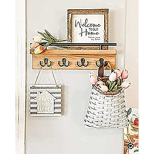 Ripple Creek Mail and Key Holder for Wall, Decorative Wooden Wall Shelf with Hooks, Wall Mounted Coat Rack with Shelf, Keys Organizer, Entryway Hooks with Home Bathroom Kitchen (Light Brown, Large)
