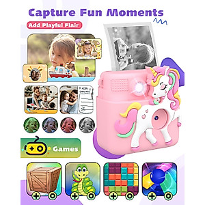 Sueseip Kids Instant Print Camera, 2.4 Inch Screen 1080P Kids Camera for Girls with Flash, Christmas Birthday Gifts for Girls 3 4 5 6 7 8 9 10 Year Old with 3 Rolls of Photo Paper and a 32G Card