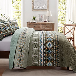 LEAONME Quilt Set Full/Queen Size 3 Piece Bedspread Coverlet Lightweight Comforter Microfiber Bedding Set for All Season Oversized 90x98 Inch Bed Cover Bohemian Olive Green(1 Quilt,2 Pillow Shams)