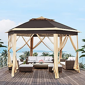 Yaheetech 13’ X 13’ Pop up Gazebo with Mosquito Netting, Hexagonal Outdoor Canopy Tent with Carry Bag for Patio Garden Backyard, Khaki/Brown