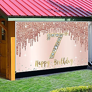 Happy 7th Birthday Banner Backdrop Decorations for Girls, Rose Gold 7 Year Old Birthday Party Sign Supplies, Pink Seventh Birthday Poster Background Photo Booth Props Decor