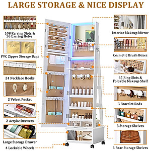 Vlsrka 360° Swivel Jewelry Mirror Cabinet with Lights, Standing Jewelry Armoire Organizer Rotatable Full Length Mirror with Jewelry Storage, Lockable with Rear Storage Shelves, Built-in Makeup Mirror
