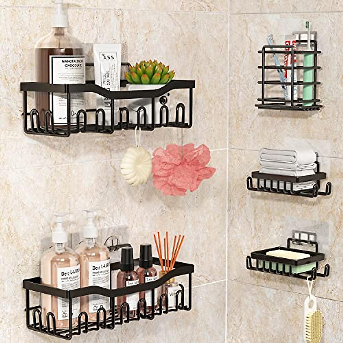 Shower Caddy 5-Pack, Adhesive Shower Shelves, Bathroom Shower Caddies, Large Shower Storage for Inside Shower Organizer Stainless Steel Rustproof Bathroom Organizer, Wall Mounted Shower Accessories