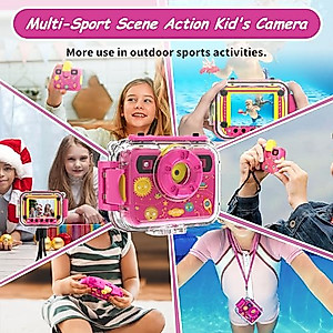 Ourlife Kids Underwater Camera, Selfie Waterproof Cameras Toys for Girls, 1080P 2.4'' Large Screen Cam with 8GB TF Card, Silicone Handle, Fill Light, Christmas Birthday Gift for Girls (Pink)