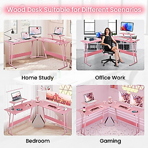 BLKMTY L Shaped Desk PC Gaming Desk Computer Desk with Monitor Stand Large Desktop Studying Executive Table Corner Desk Office Computer Table for Home Office Sturdy Writing Workstation, Pink