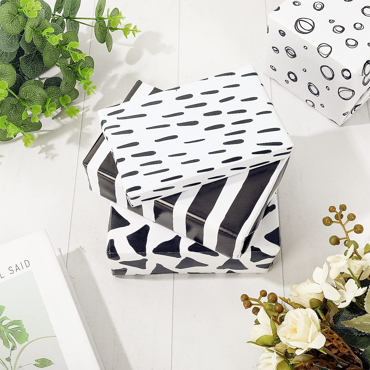 AnyDesign 12 Sheet Black White Wrapping Paper Minimalist Gift Wrap Paper Bulk Geometric Stripes Dots Art Craft Paper for Birthday Graduation DIY Crafts Gift Packing, Folded Flat, 19.7 x 27.6 Inch