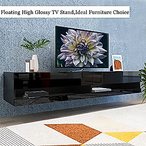 Uspeedy 71in Floating TV Stand, High Gloss Entertainment Center for TVs Up to 80 inch,Led Stand Wall Mounted with LED Lights,TV Console Shelf,Media Furniture(Black 1)