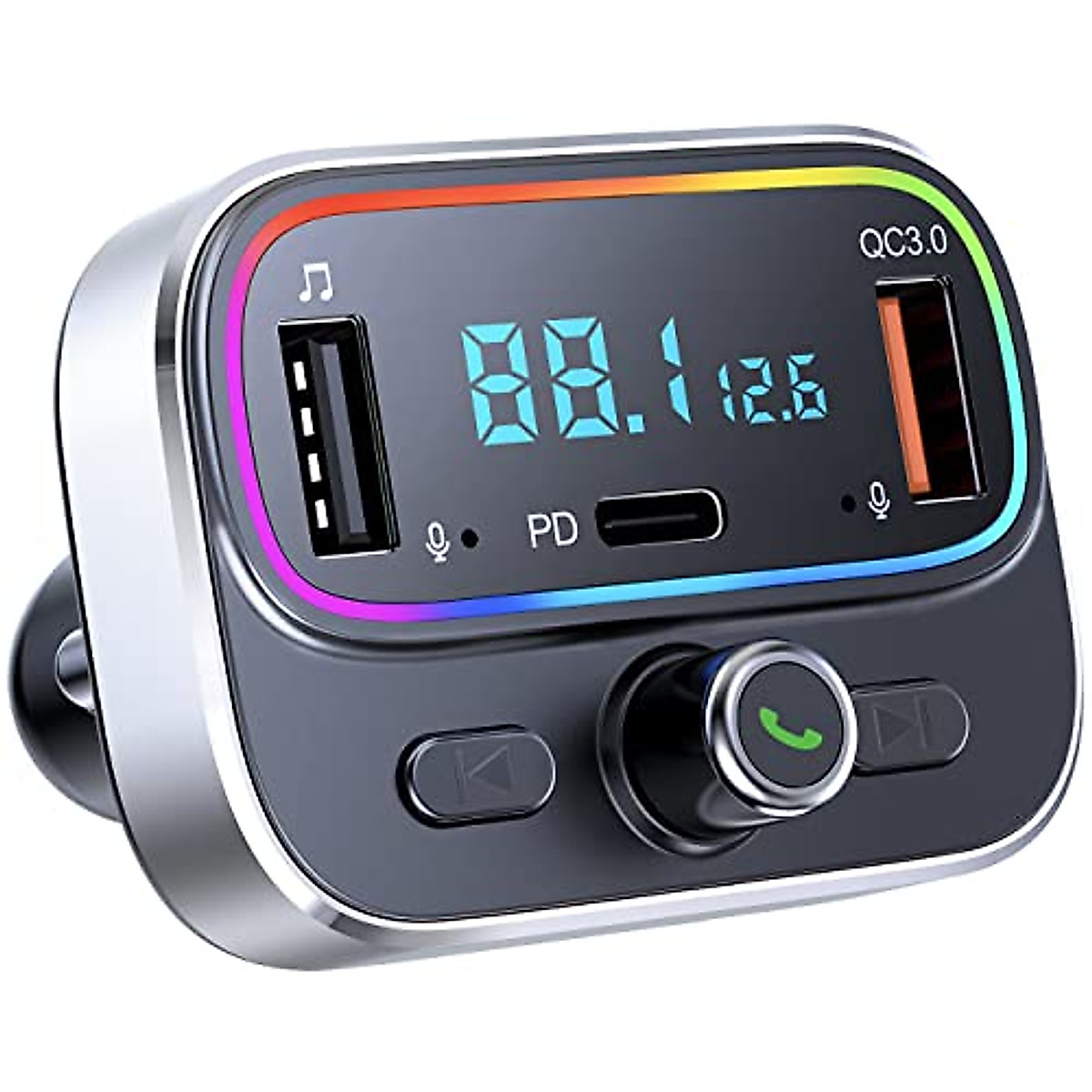 Bluetooth FM Transmitter for Car Wireless Radio Adapter Kit, Hands-Free Calling Dual Microphone, Car USB Charger QC 3.0 & PD 20 W for All Smartphones Audio Players, Supports TF/SD Card and USB Disk