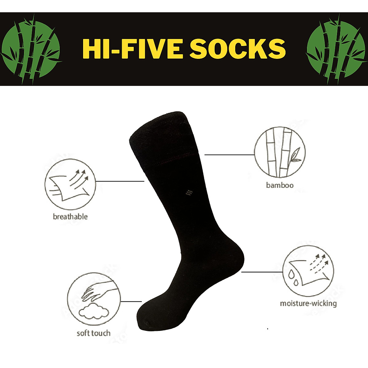 Bamboo Dress Socks Crew Socks Mens Womens Black Color Soft Durable Moisture Wicking Seamless Toe 3 Pairs