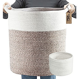 Laundry Basket 2pc by COMFY-HOMI Large Basket 18"X16" Tall Woven Cotton rope Basket with Handles Decorative Basket for Blankets Round Storage Basket for living room,Clothes,Pillows,Towels(White Brown)