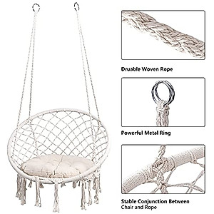 HBlife Hammock Chair, Hanging Swing with Macrame and Cushion, Max 330 Lbs, Beige Hanging Cotton Rope Chair for Indoor, Outdoor, Bedroom, Patio, Yard, Deck, Garden and Porch