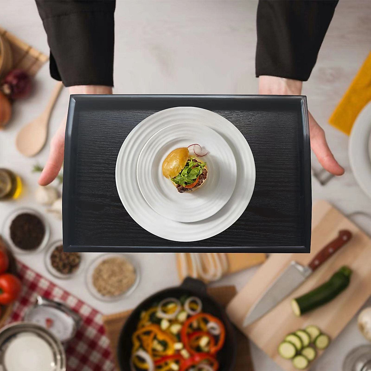 Solid Wood Serving Tray, Rectangle with Handle Hole Non-Slip Tea Coffee Snack Plate Food Meals Serving Tray with Raised Edges for Home Kitchen Restaurant(14.2 inchx9.1 inchx1.4inch)