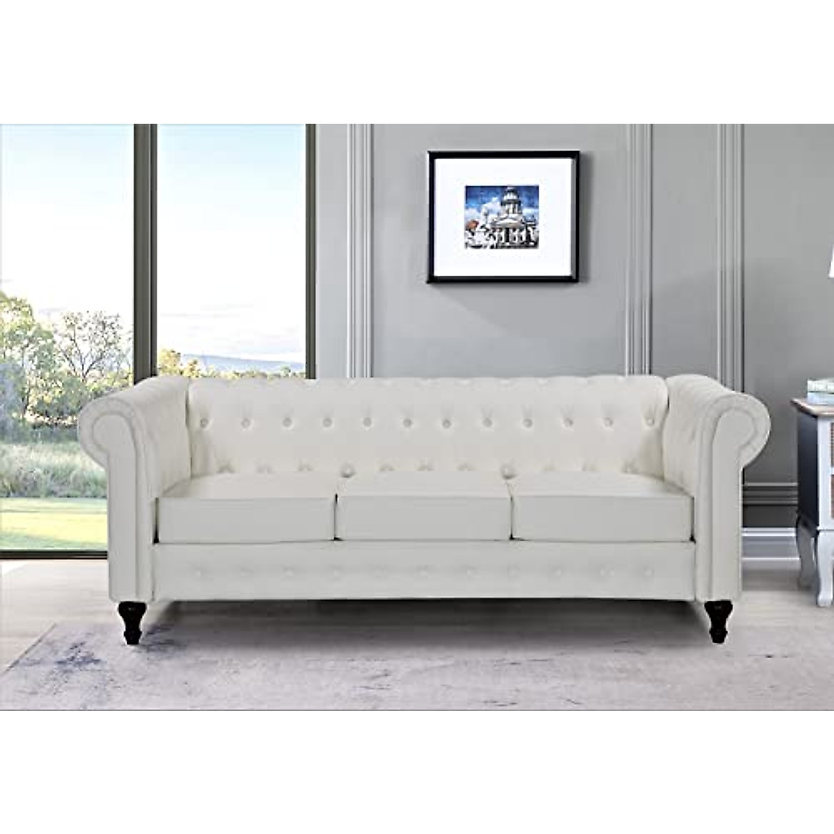 Container Furniture Direct Teressa Faux Leather Chesterfield Sofa for Living Room, Apartment or Office, Three Seater Mid Century Modern Couch, 82" W, White