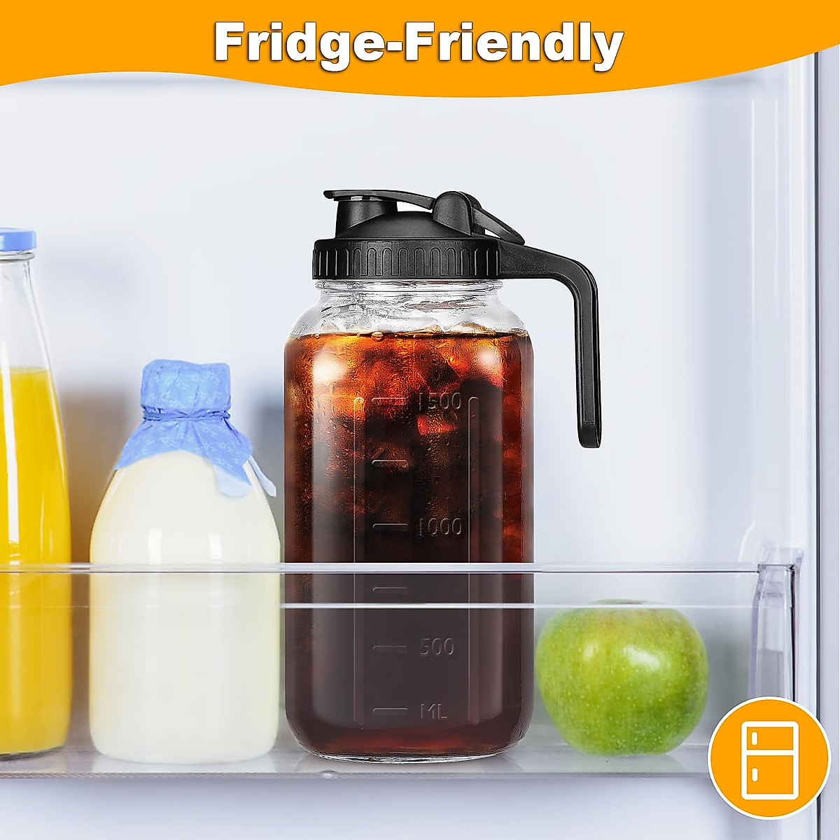 UYEIKMLOP 64 OZ Mason Jars with Lid, Glass Pitcher Double Leak Proof with Pour Spout Handle, 2 Quart Wide Mouth Breast Milk Pitcher for Fridge, Creamer Container for Coffee, Sun Tea(Black,1 Pack)