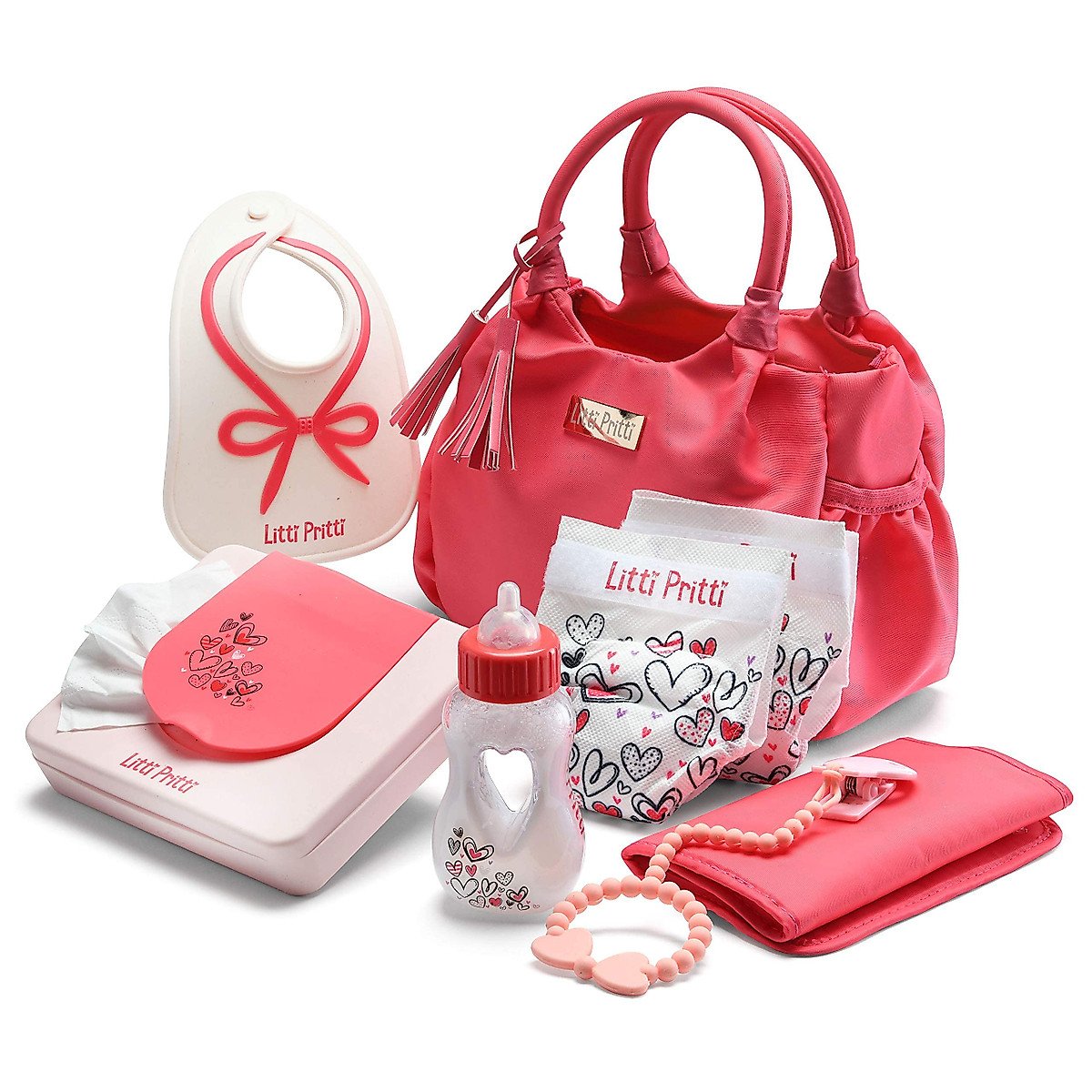 Litti Pritti Baby Doll Accessories Set - 9-Piece Diaper Bag Playset with Baby Doll Diapers, Magic Bottle, Silicone Bib, Wipes, Teether, Changing Pad, and More - Baby Doll Stuff for Ages 3-8 Years