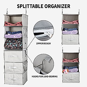 YTYBMW 6 Shelves - Hanging Closet Organizer with 3 Drawers and 4 Side Pockets for Hanging Closet Shelf Storage, Foldable Closet Organizer (Gray)