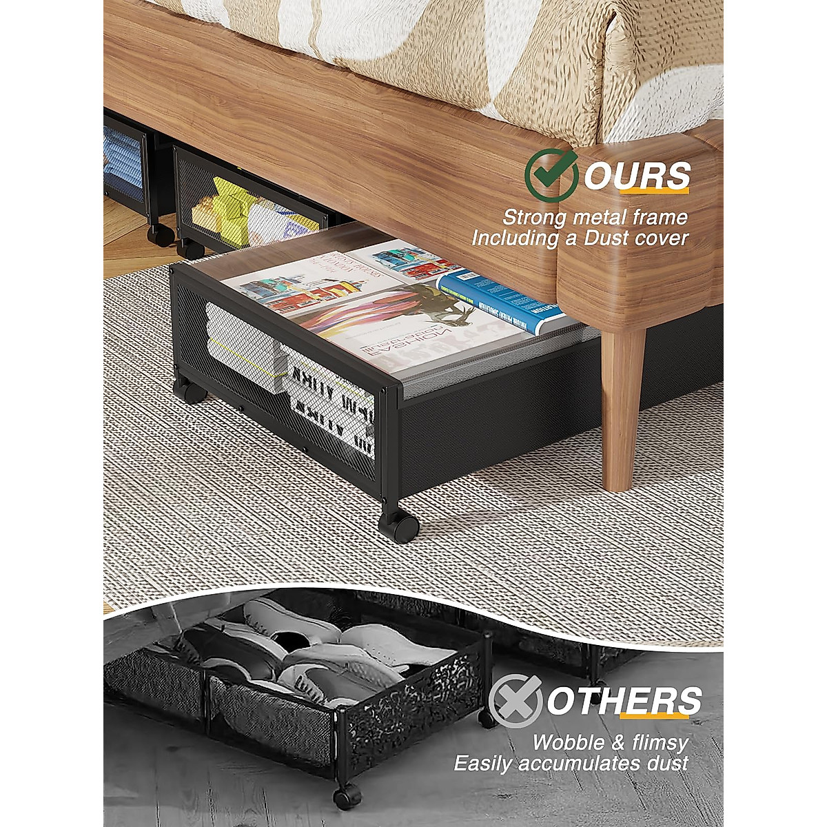 LEHOM Under Bed Storage with Wheels, Plastic Underbed Bins with Sturdy Metal Tubes Rolling Under Bed Drawer Storage Container with Window and Handle for Bedding, Clothes, Blanket, Shoes (2 Pack metal)
