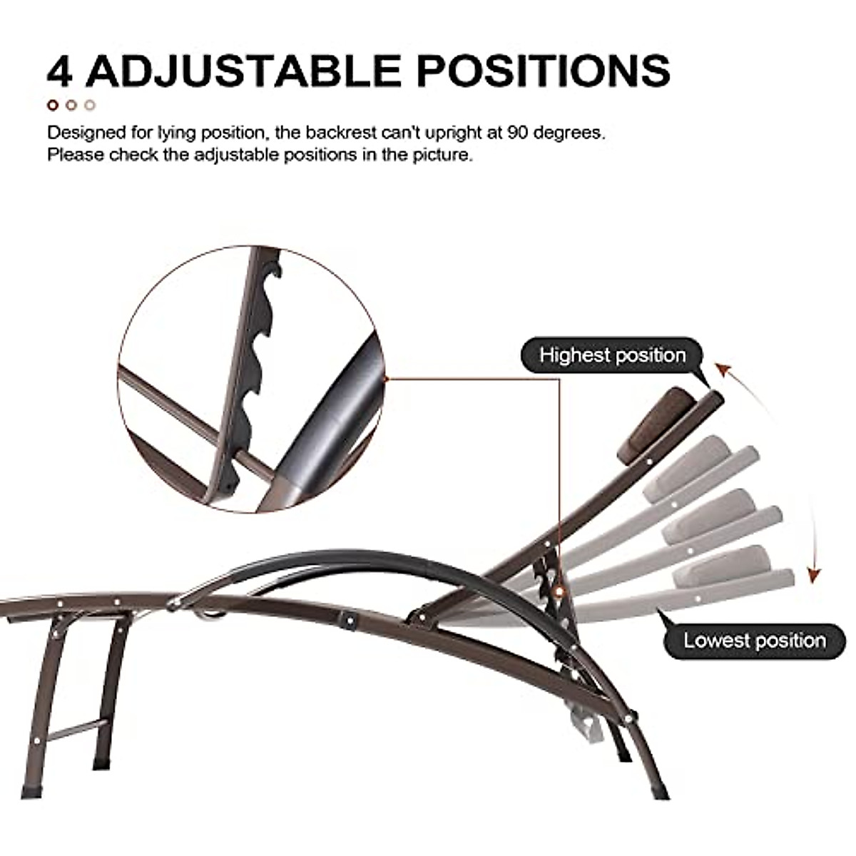 Crestlive Products Adjustable Chaise Lounge Aluminum Lounge Chair Five-Position Outdoor Recliner with Padded Headrest & Curved Armrest All Weather for Patio, Beach, Yard, Pool (2PCS Brown)