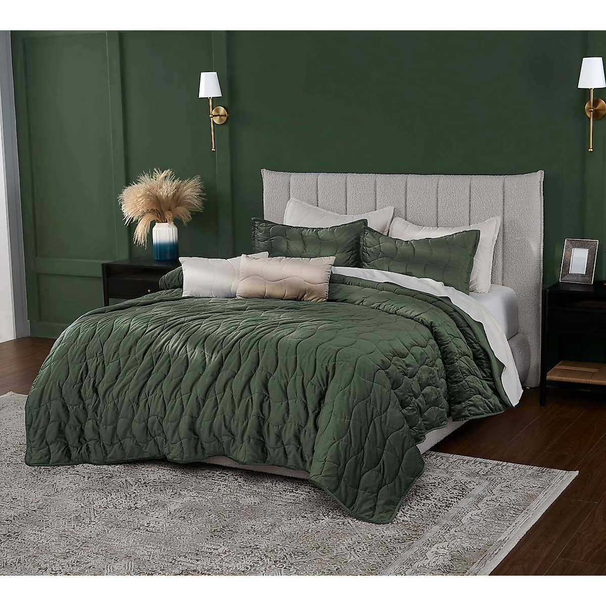 palassio Luxury Olive Green Velvet Twin Size Quilt Bedding Set with 1 Pillow Sham, Christmas Soft Cloud Cozy Warm Bedspread Coverlet for Kids, Lightweight Crushed Comforter for All Season