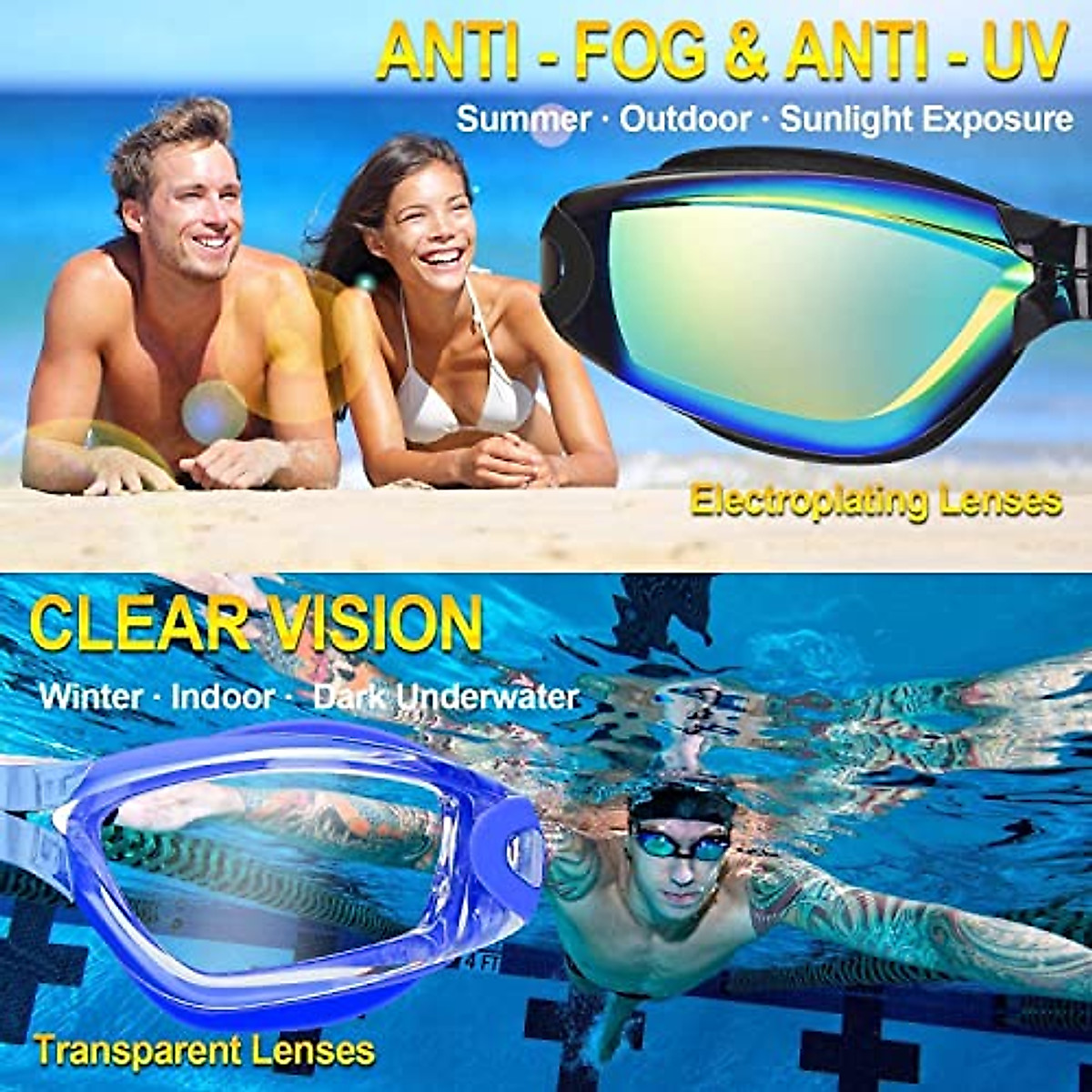 Elimoons Swim Goggles for Men Women Kids, Swimming Goggles Anti Fog UV Protection, 2 Pack