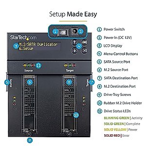 StarTech.com Standalone Dual Bay M.2 SATA/NVMe Duplicator/Eraser, HDD/SSD Cloner/Wiper for M.2 PCIe AHCI/NVMe, M.2 SATA, 2.5/3.5in Drives, Hard Drive Sanitizer/Copier, TAA (SM2DUPE11),Black