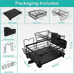 ouosawa Dish Drying Rack with Drainboard, Stainless Steel 2 Tier Large Dish Racks for Kitchen Counter, Detachable Dish Strainer Rack with Cup Holder, Utensil Holder & Cutting-Board Holder, Black