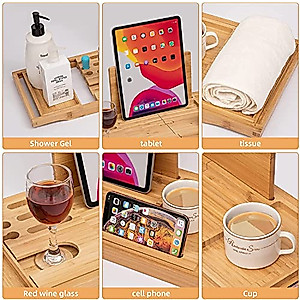 Bathtub Tray, Expendable Bath Caddy Tray for Tub, Bamboo Wooden Book Stand and Wine Holder
