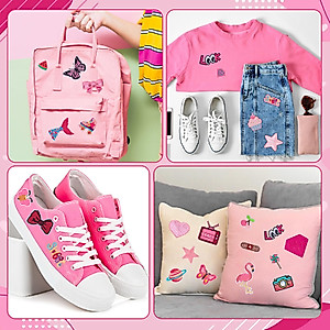 60pcs Pink Embroidered Patches Random Assorted Styles Pink Theme Iron on Patches for Girls Western Cowgirl DIY Sew Applique Repair Patch Cute Preppy Sew on Patches for Backpacks Pants Clothes Jeans