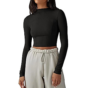 LASLULU Womens Cropped Long Sleeve Athletic Shirts Crop Tops Seamless Slim Fit Workout Yoga Sports Tops Pullover Outwear(Black Large)